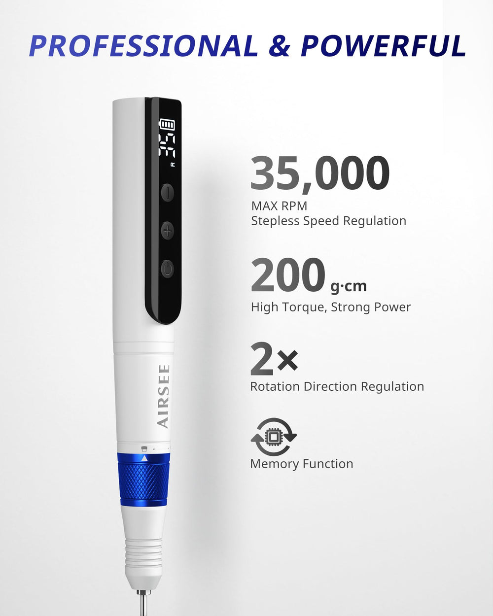 AIRSEE Master Cordless Electric Nail Drill – 35000 RPM, LED Display, P ...