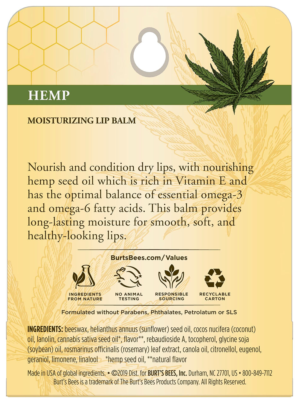 Burts Bees Hemp Lip Balm with Beeswax — 100% Natural, Moisturizing 0.1 ...