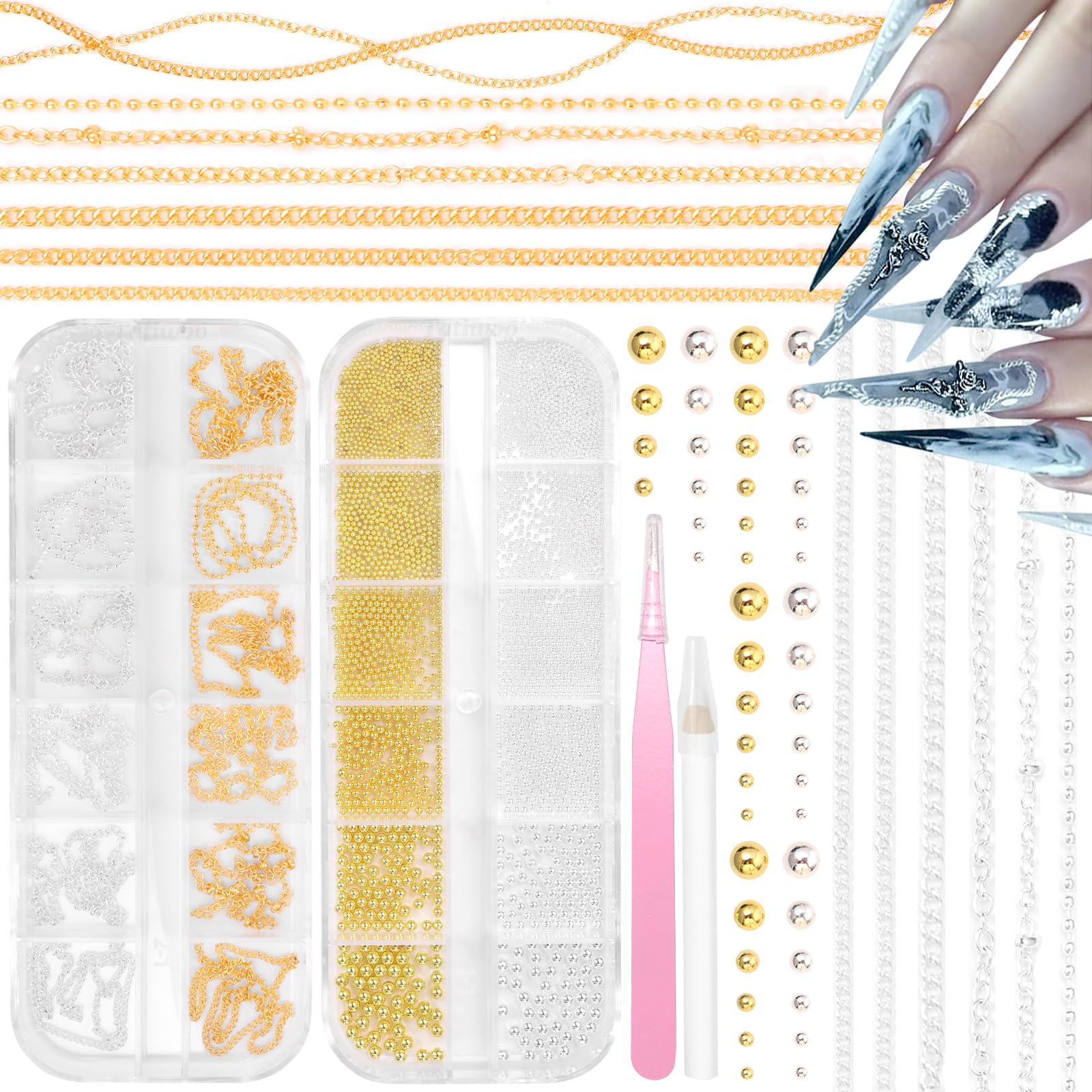 Tatiwoo Nail Chain Charms & Round Beads – Gold & Silver (2 Boxes ...
