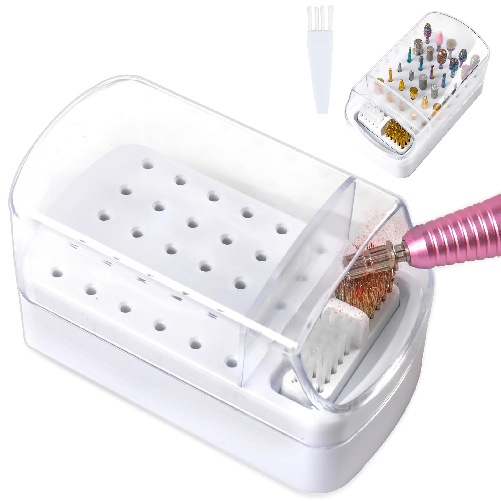 YINGJEE 2-in-1 Nail Drill Bits Holder & Cleaner — 30 Holes, Dustproof ...